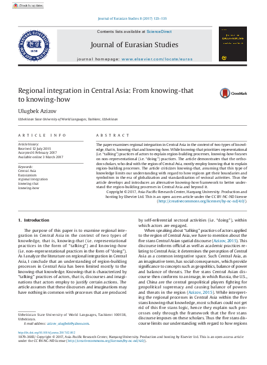 (PDF) Regional integration in Central Asia: From knowing-that to ...