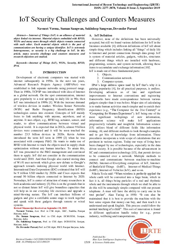 (PDF) IoT Security Challenges and Counters Measures