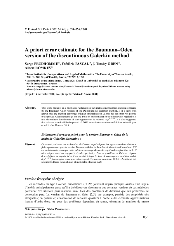 Pdf A Priori Error Estimate For The Baumann Oden Version Of The Discontinuous Galerkin Method