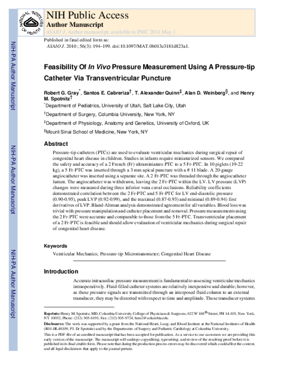 (PDF) Feasibility of In Vivo Pressure Measurement Using a Pressure-Tip ...