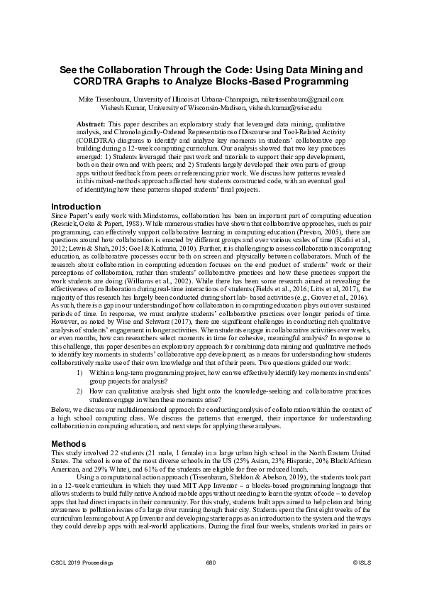 (PDF) See the Collaboration Through the Code: Using Data Mining and CORDTRA Graphs to Analyze ...