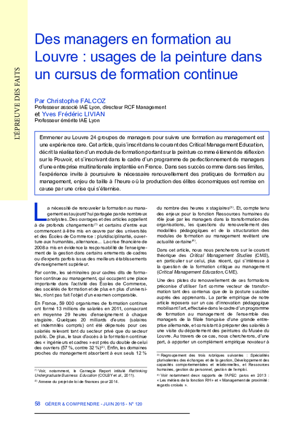 (PDF) Des managers en formation au Louvre : usages de la peinture dans un cursus de formation ...