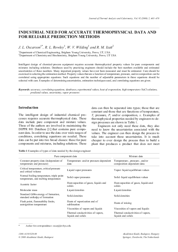 (PDF) Industrial need for accurate thermophysical data and for reliable ...