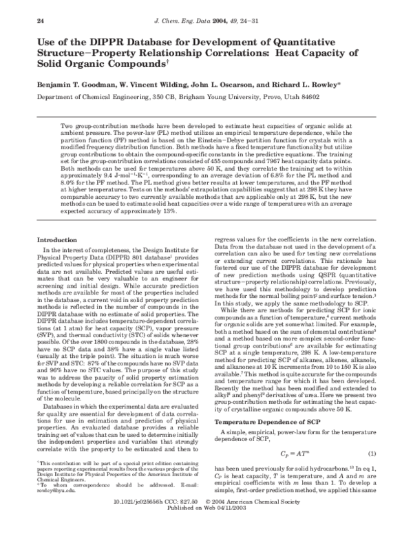 Pdf Use Of The Dippr Database For Development Of Quantitative