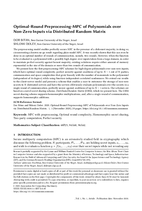 Pdf Optimal Round Preprocessing Mpc Of Polynomials Over Non Zero Inputs Via Distributed Random