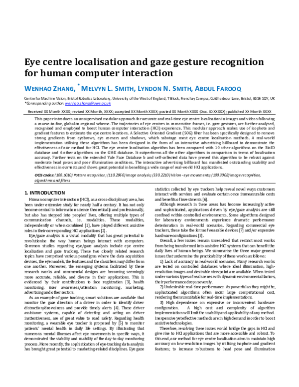 (PDF) Eye center localization and gaze gesture recognition for human-computer interaction
