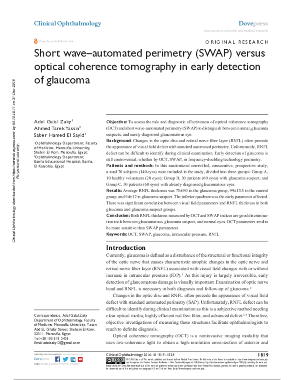 (PDF) Short wave–automated perimetry (SWAP) versus optical coherence tomography in early ...