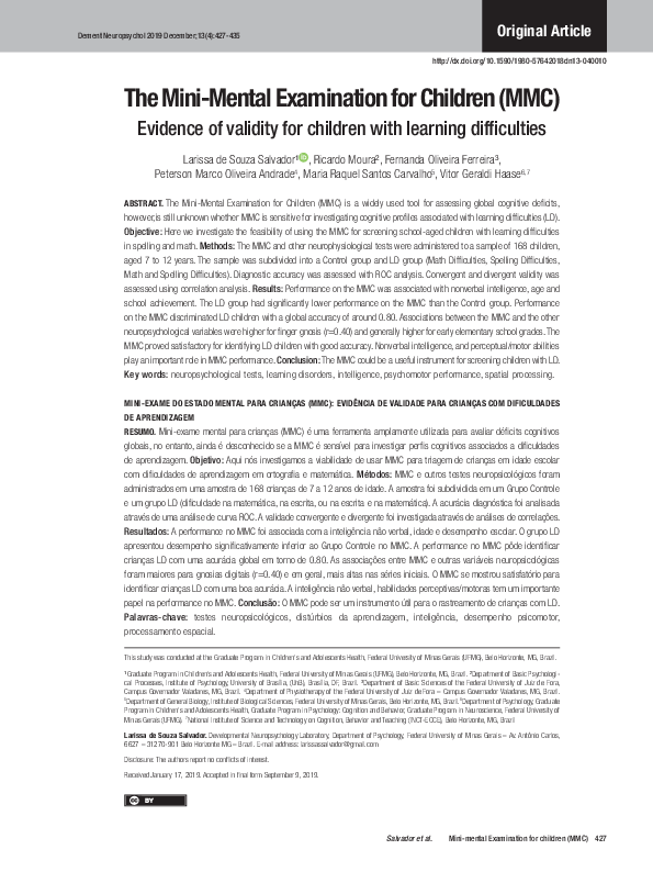 (PDF) The Mini-Mental Examination for Children (MMC): Evidence of ...