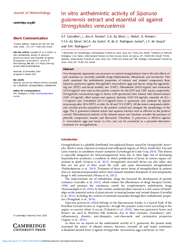 (PDF) In vitro anthelmintic activity of Siparuna guianensis extract and ...