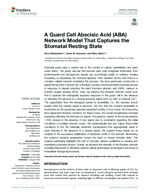 (PDF) A Guard Cell Abscisic Acid (ABA) Network Model That Captures the Stomatal Resting State