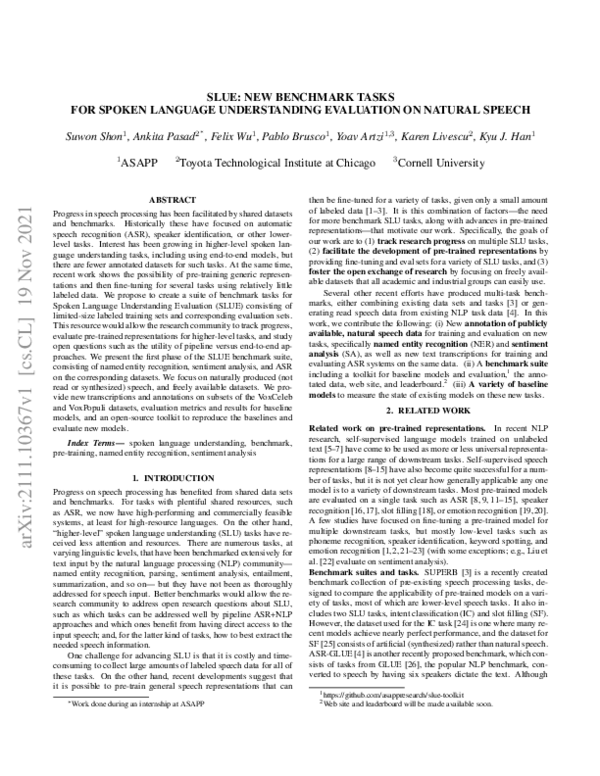 (PDF) SLUE: New Benchmark Tasks For Spoken Language Understanding ...
