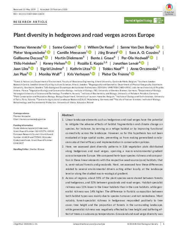 (PDF) Plant diversity in hedgerows and road verges across Europe