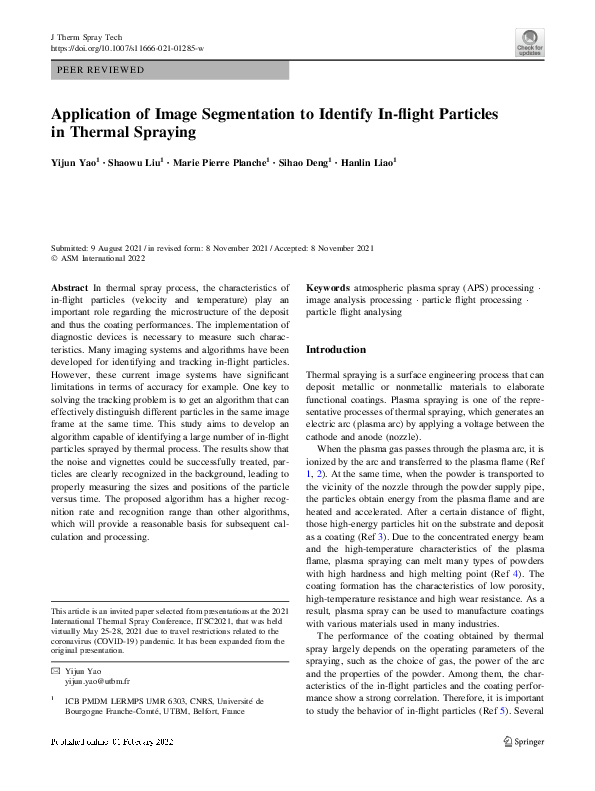 (PDF) Application of Image Segmentation to Identify In-flight Particles in Thermal Spraying ...