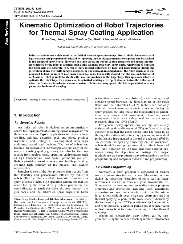 (PDF) Kinematic Optimization of Robot Trajectories for Thermal Spray Coating Application