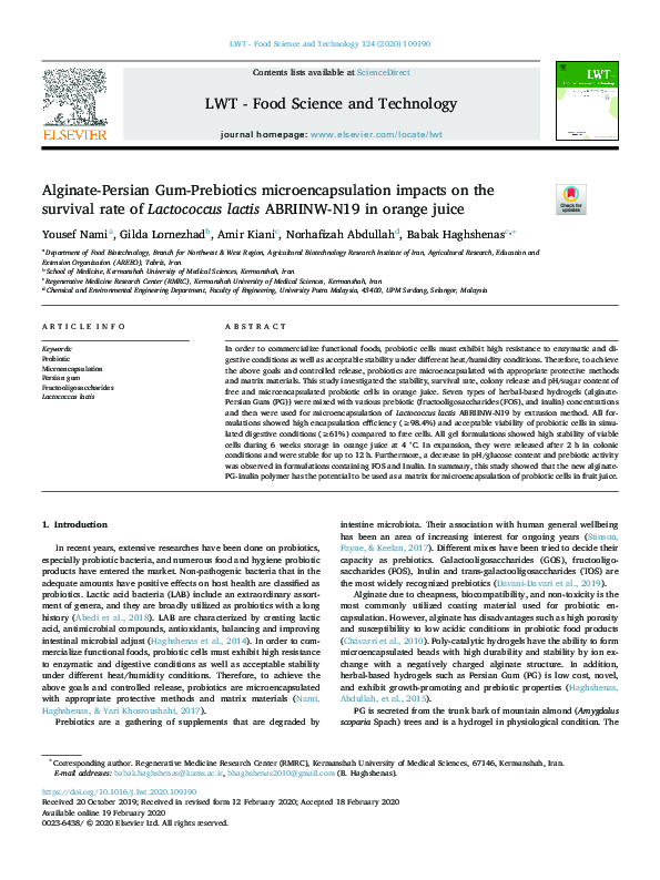 (PDF) Alginate-Persian Gum-Prebiotics microencapsulation impacts on the ...