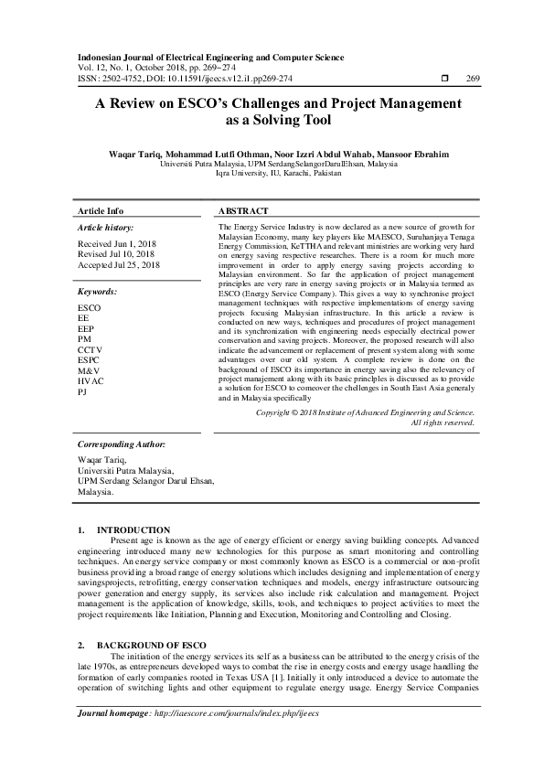 (PDF) A Review on ESCO’s Challenges and Project Management as a Solving ...