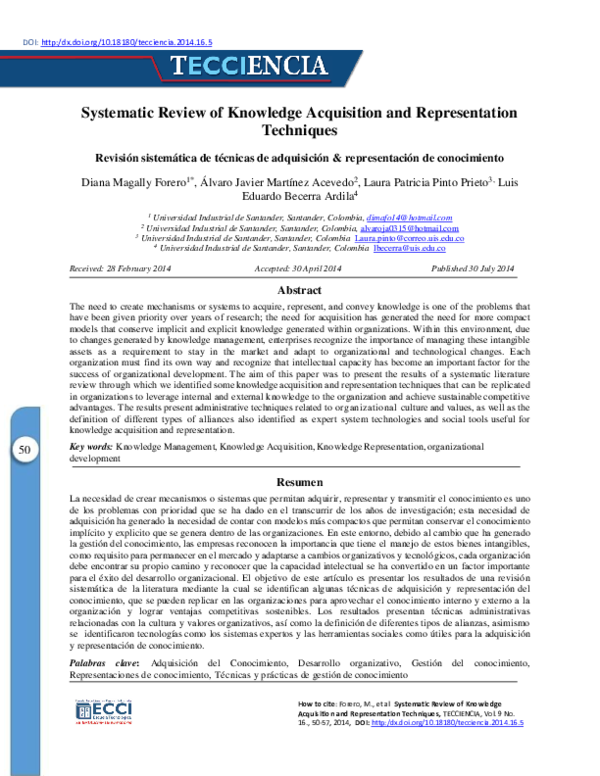 (PDF) Systematic review of knowledge acquisition and representation techniques