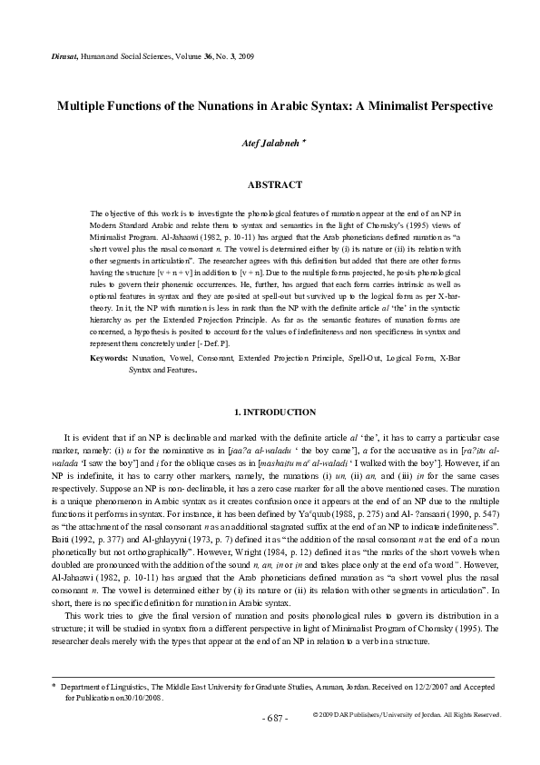 (PDF) Multiple Functions of the Nunations in Arabic Syntax: A Minimalist Perspective