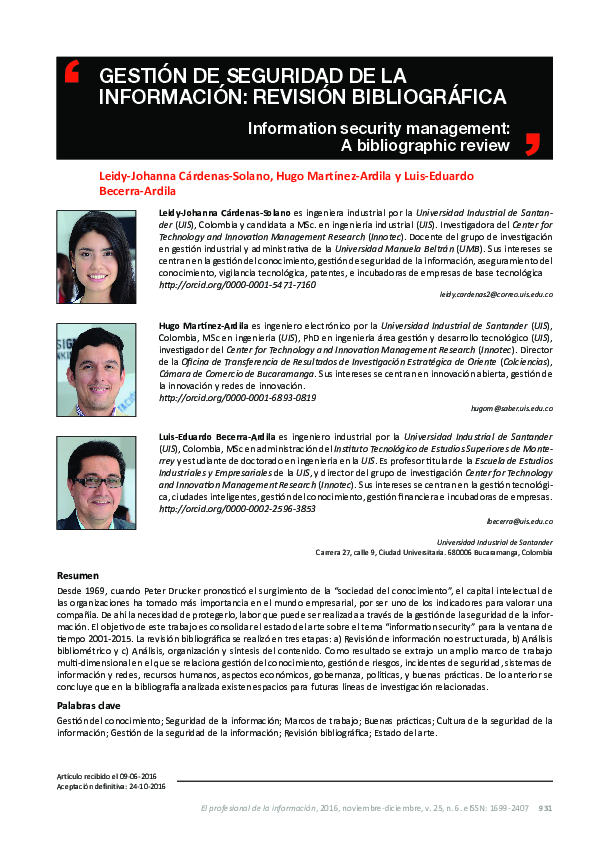 (PDF) Gestión de seguridad de la información: revisión bibliográfica