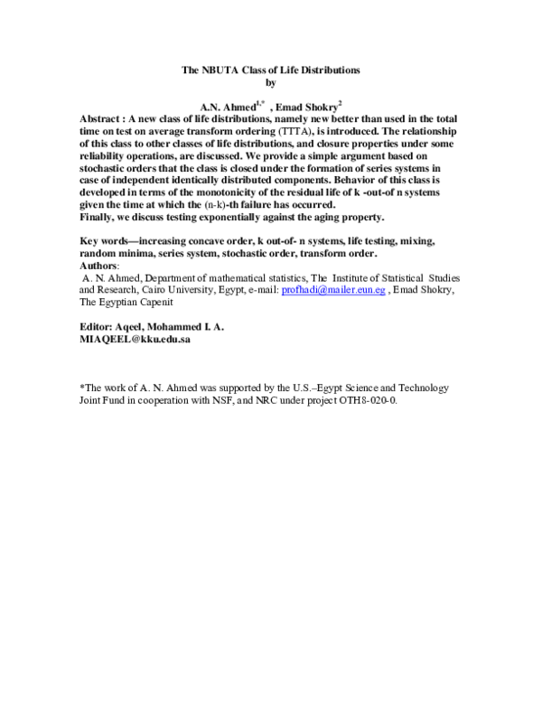 (PDF) The NBUTA Class of Life Distributions | Emad Shokry - Academia.edu