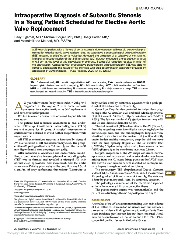 (PDF) Intraoperative Diagnosis of Subaortic Stenosis in a Young Patient ...