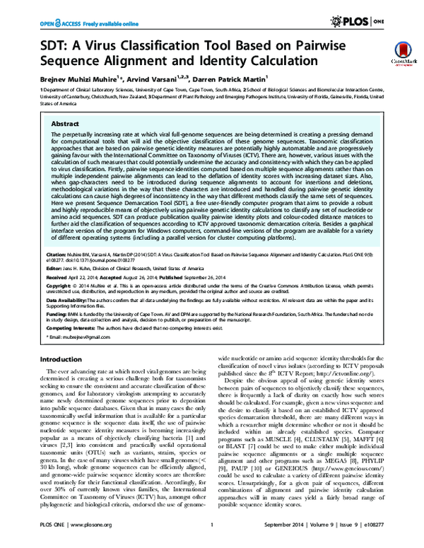 Pdf Sdt A Virus Classification Tool Based On Pairwise Sequence