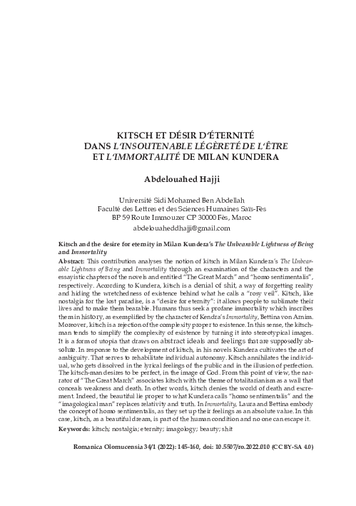 (PDF) Kitsch and the desire for eternity in Milan Kundera's The Unbearable Lightness of Being ...