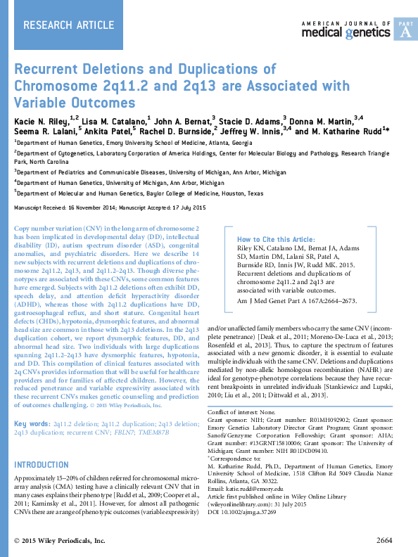 (PDF) Recurrent deletions and duplications of chromosome 2q11.2 and ...