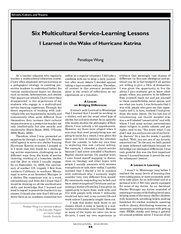 (PDF) Six Multicultural Service-Learning Lessons I Learned in the Wake ...
