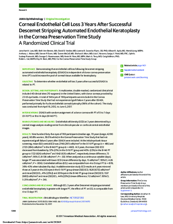 (PDF) Corneal Endothelial Cell Loss 3 Years After Successful Descemet Stripping Automated ...