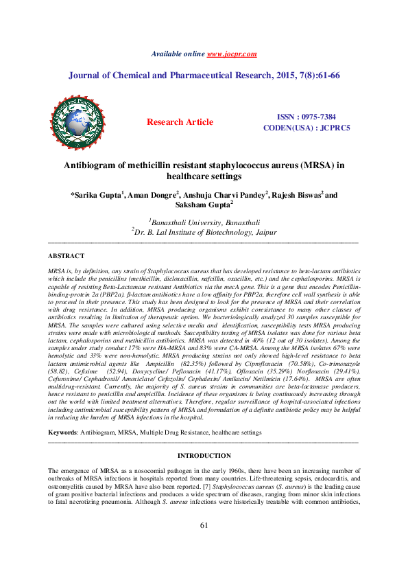 (PDF) Antibiogram of Methicillin-Resistant Staphylococcus aureus ...