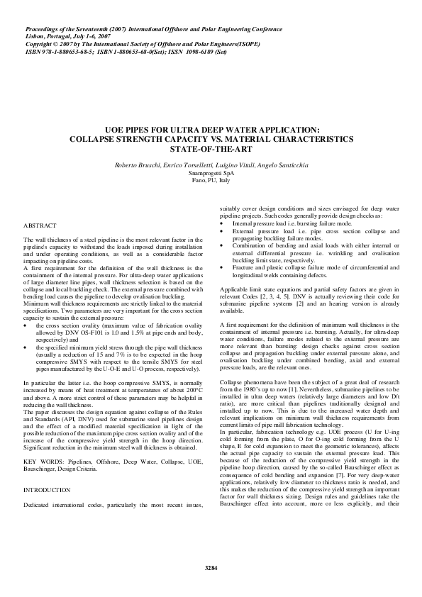 (PDF) Uoe Pipes for Ultra Deep Water Application: Collapse Strength ...