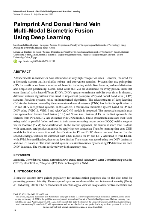 Pdf Palmprint And Dorsal Hand Vein Multi Modal Biometric Fusion Using