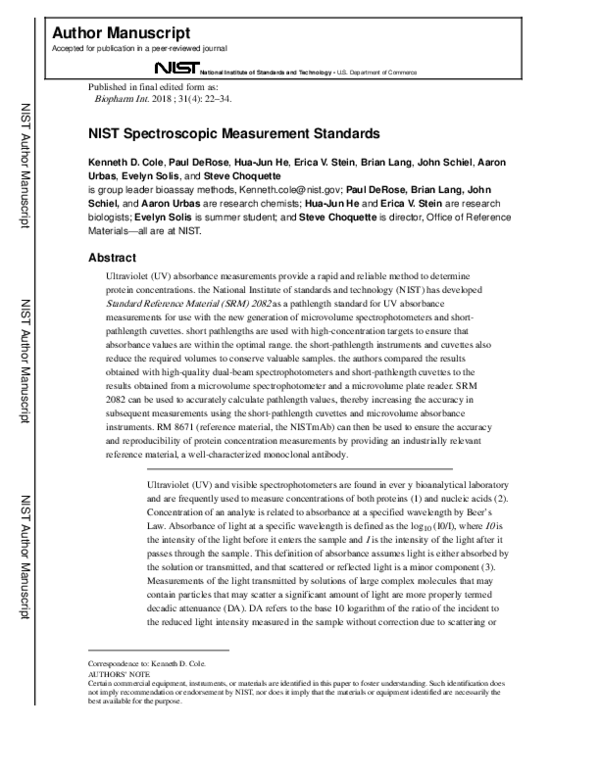 (PDF) NIST Spectroscopic Measurement Standards