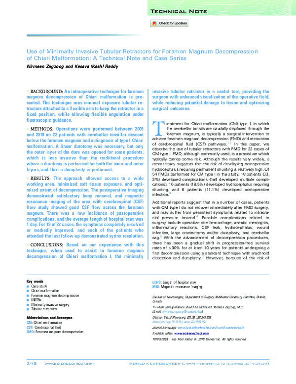 Pdf Use Of Minimally Invasive Tubular Retractors For Foramen Magnum