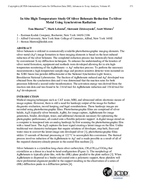 (PDF) In Situ High-Temperature Study Of Silver Behenate Reduction To ...