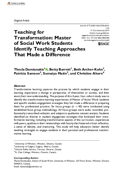 (PDF) Teaching for Transformation: Master of Social Work Students Identify Teaching Approaches ...