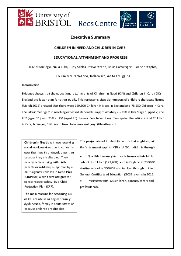 (PDF) Children in Need and Children in Care: Educational Attainment and ...