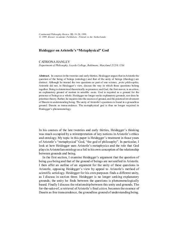 (PDF) Heidegger on Aristotle's “Metaphysical” God