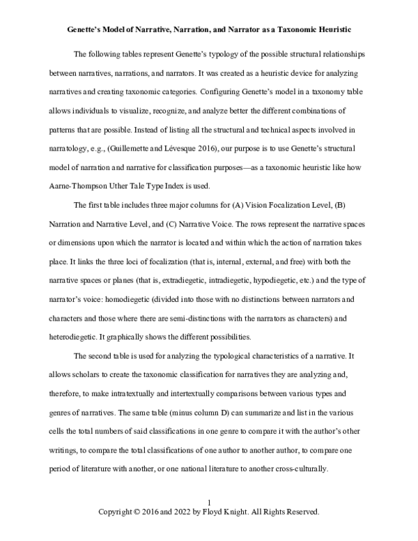 (DOC) Genette's Model of Narrative, Narration, and Narrator as a ...