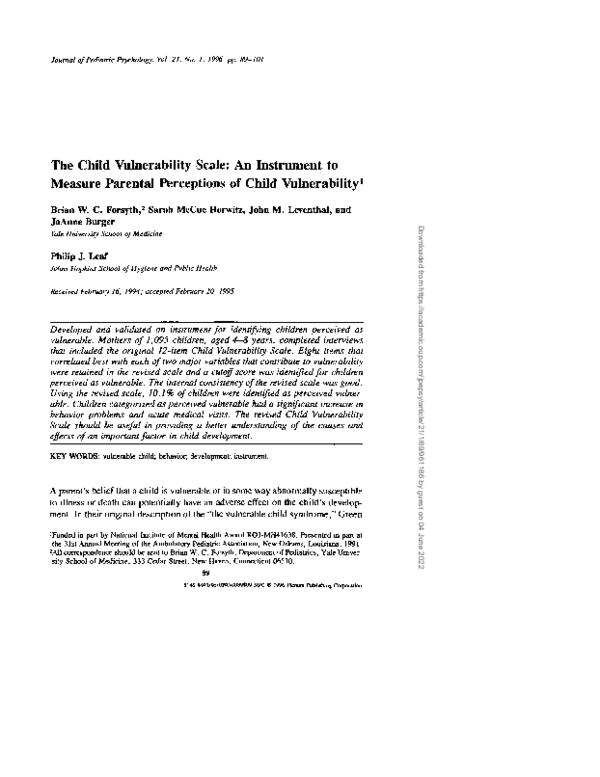 (PDF) The Child Vulnerability Scale: An Instrument to Measure Parental ...