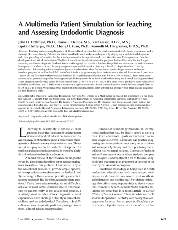 (PDF) A Multimedia Patient Simulation for Teaching and Assessing Endodontic Diagnosis