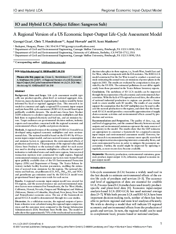Pdf A Regional Version Of A Us Economic Input Output Life Cycle