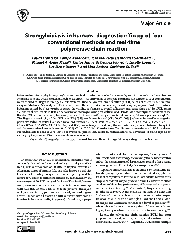 (PDF) Strongyloidiasis in humans: diagnostic efficacy of four conventional methods and real-time ...