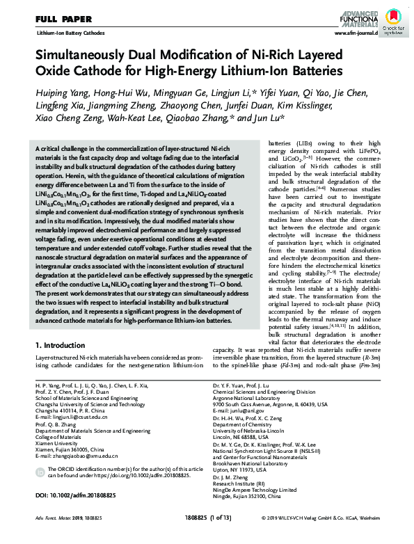 (PDF) Simultaneously Dual Modification of Ni‐Rich Layered Oxide Cathode for High‐Energy Lithium ...