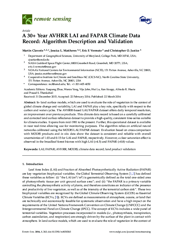 (PDF) A 30+ Year AVHRR LAI and FAPAR Climate Data Record: Algorithm Description and Validation