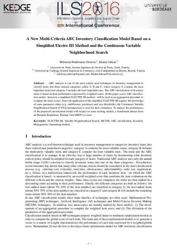 Pdf A New Multi Criteria Abc Inventory Classification Model Based On