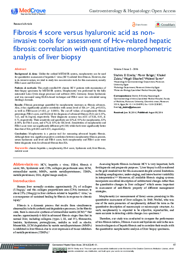 (PDF) Fibrosis 4 Score Versus Hyaluronic Acid as Non-Invasive Tools for Assessment of HCV ...