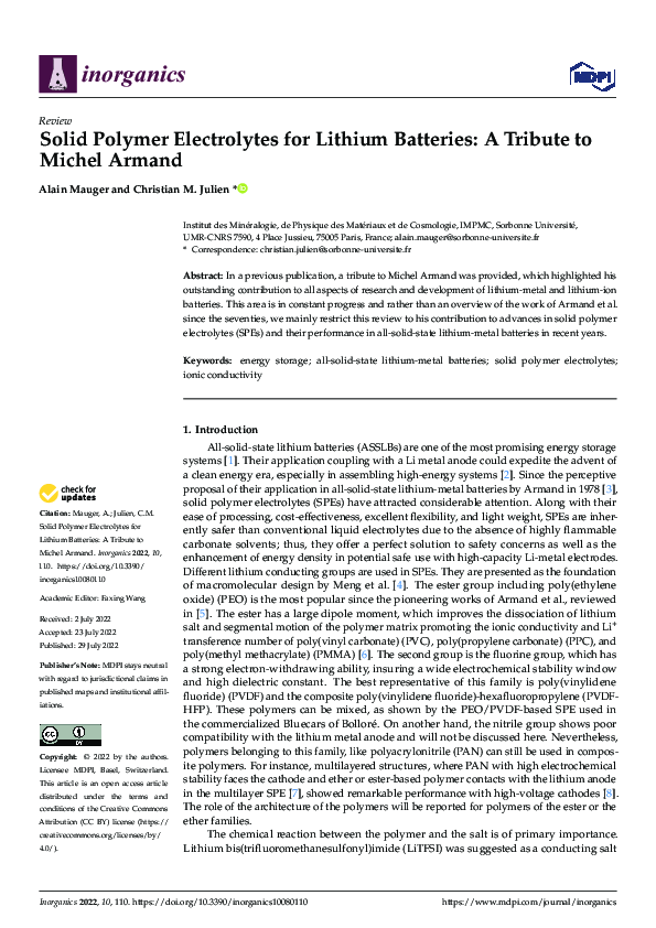 (PDF) Solid Polymer Electrolytes for Lithium Batteries: A Tribute to ...