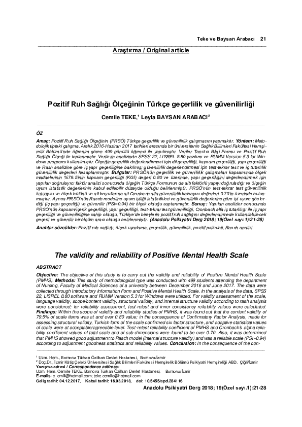 (PDF) The validity and reliability of Positive Mental Health Scale